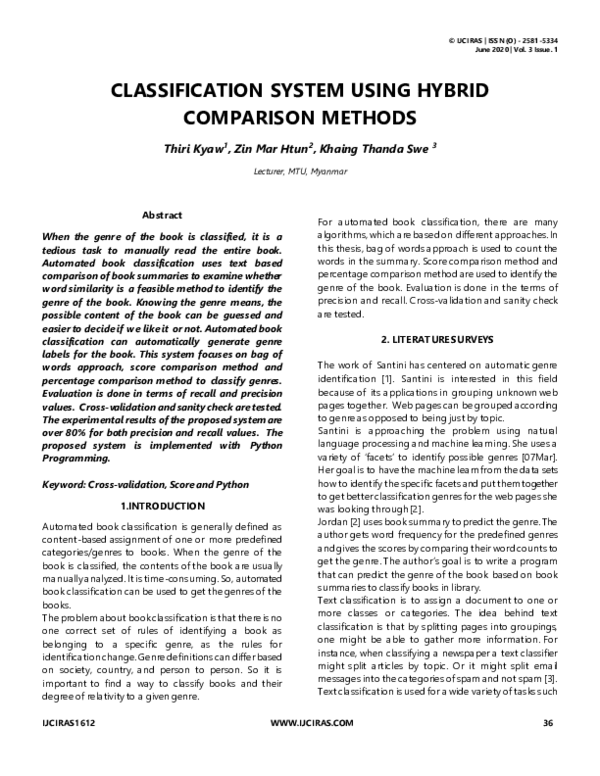 (PDF) CLASSIFICATION SYSTEM USING HYBRID COMPARISON METHODS