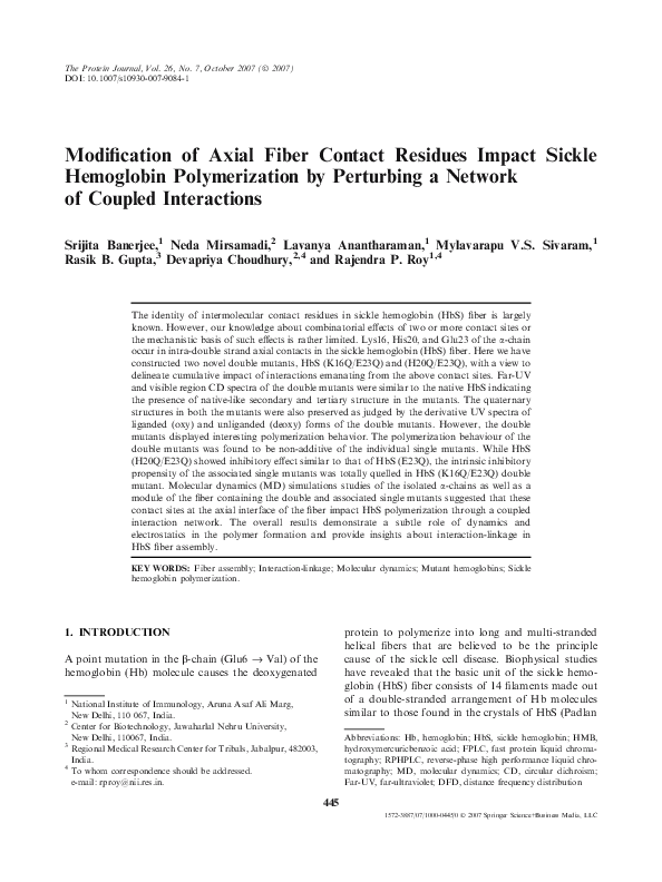 (PDF) Modification of Axial Fiber Contact Residues Impact Sickle ...