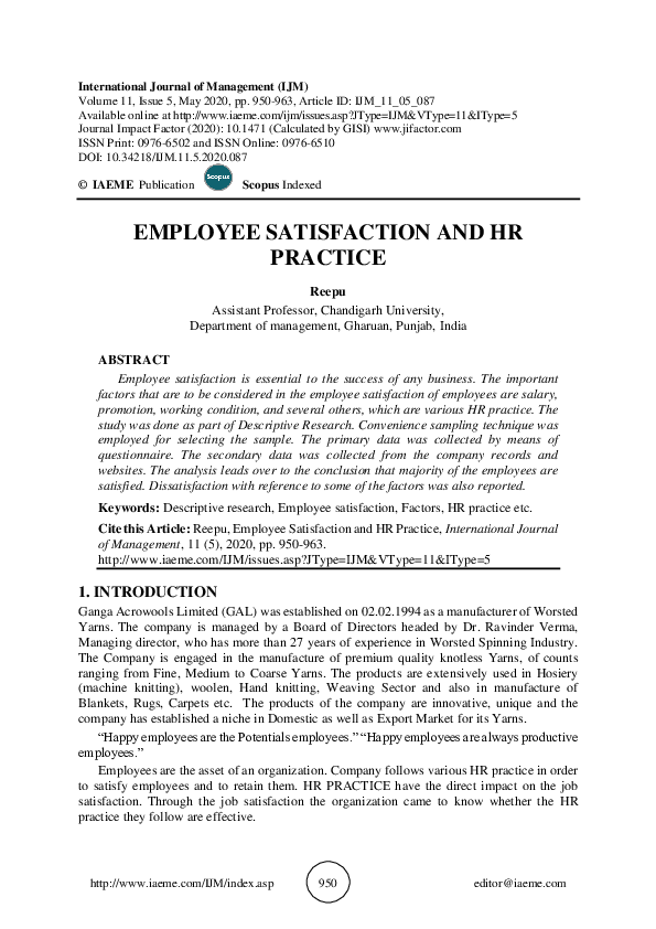(PDF) EMPLOYEE SATISFACTION AND HR PRACTICE