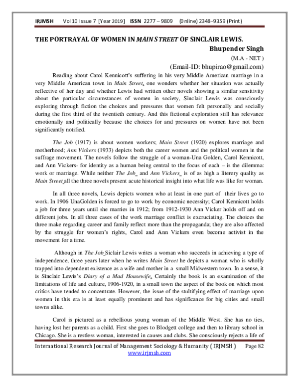 (PDF) THE PORTRAYAL OF WOMEN IN MAIN STREET OF SINCLAIR LEWIS.