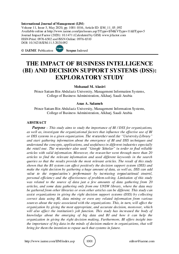 (PDF) THE IMPACT OF BUSINESS INTELLIGENCE (BI) AND DECISION SUPPORT SYSTEMS (DSS): EXPLORATORY STUDY