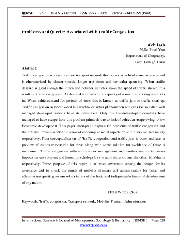 (PDF) Problems and Queries Associated with Traffic Congestion
