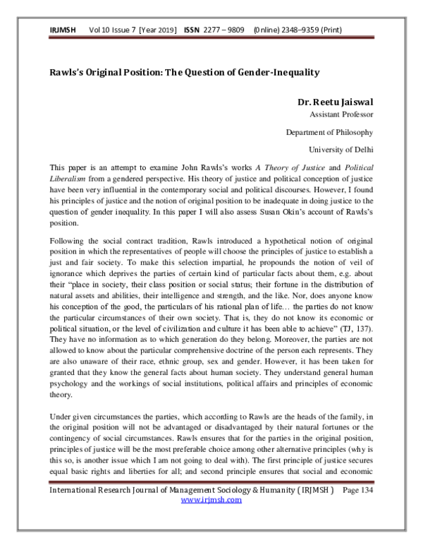 (PDF) Rawls’s Original Position: The Question of Gender-Inequality