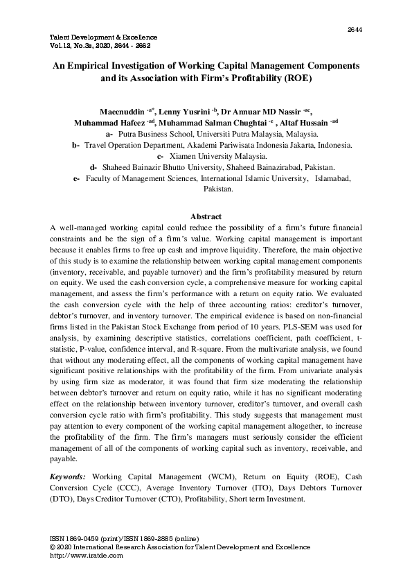 (PDF) An Empirical Investigation of Working Capital Management Components and its Association ...