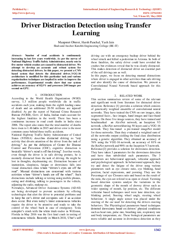 (PDF) Driver Distraction Detection via CNN Transfer Learning
