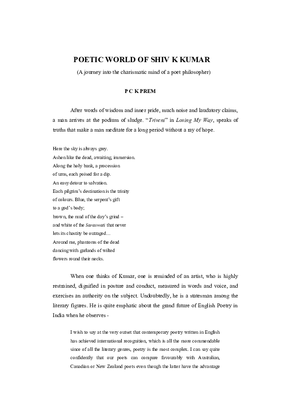 (DOC) POETIC WORLD OF SHIV K KUMAR (A journey into the charismatic mind ...
