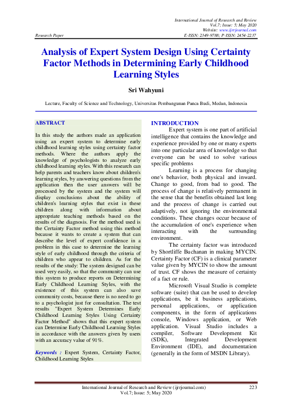 (PDF) Expert System for Assessing Learning Styles