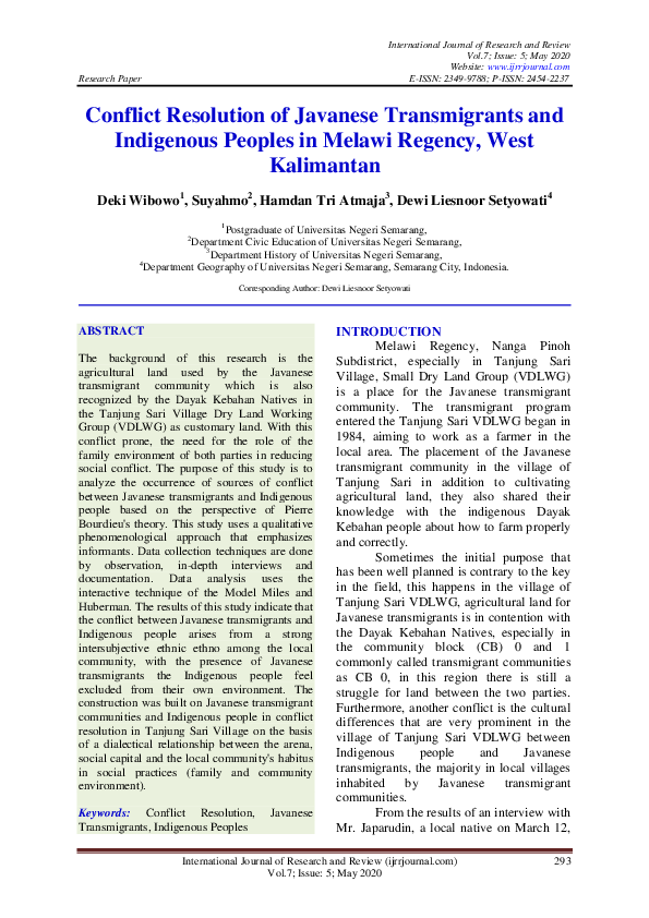(PDF) Conflict Resolution of Javanese Transmigrants and Indigenous ...