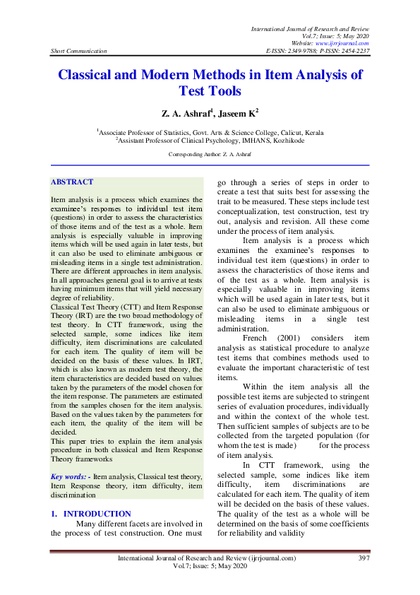(PDF) Classical and Modern Methods in Item Analysis of Test Tools