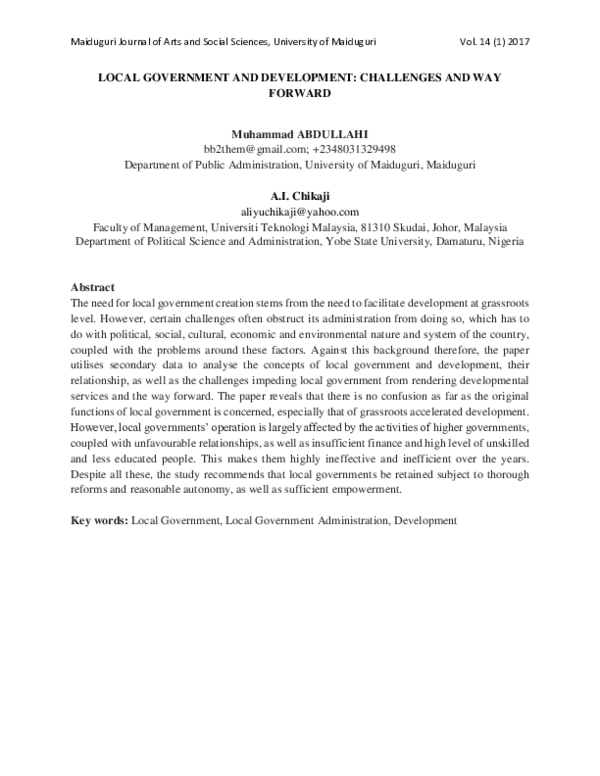 (PDF) LOCAL GOVERNMENT AND DEVELOPMENT: CHALLENGES AND WAY FORWARD