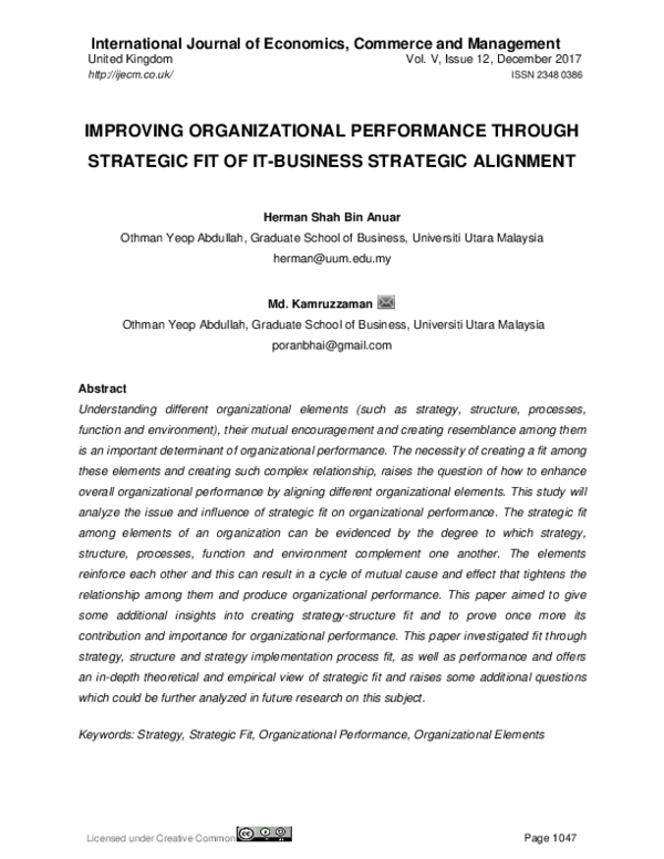 (PDF) IMPROVING ORGANIZATIONAL PERFORMANCE THROUGH STRATEGIC FIT OF IT ...