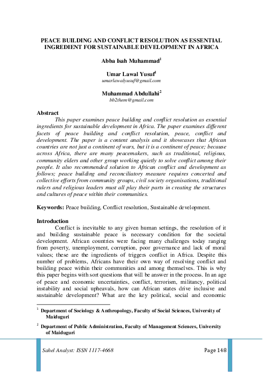 (PDF) PEACE BUILDING AND CONFLICT RESOLUTION AS ESSENTIAL INGREDIENT ...