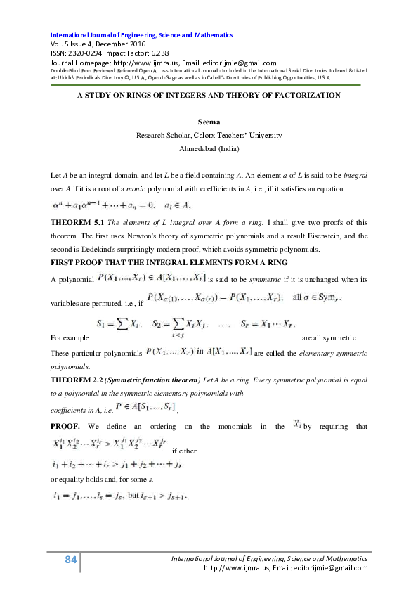 (PDF) A STUDY ON RINGS OF INTEGERS AND THEORY OF FACTORIZATION