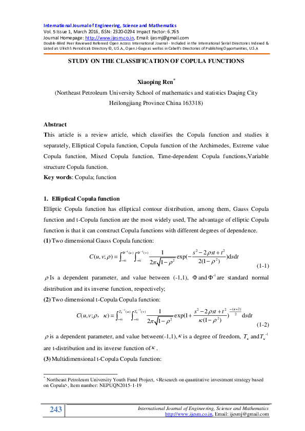 (PDF) STUDY ON THE CLASSIFICATION OF COPULA FUNCTIONS