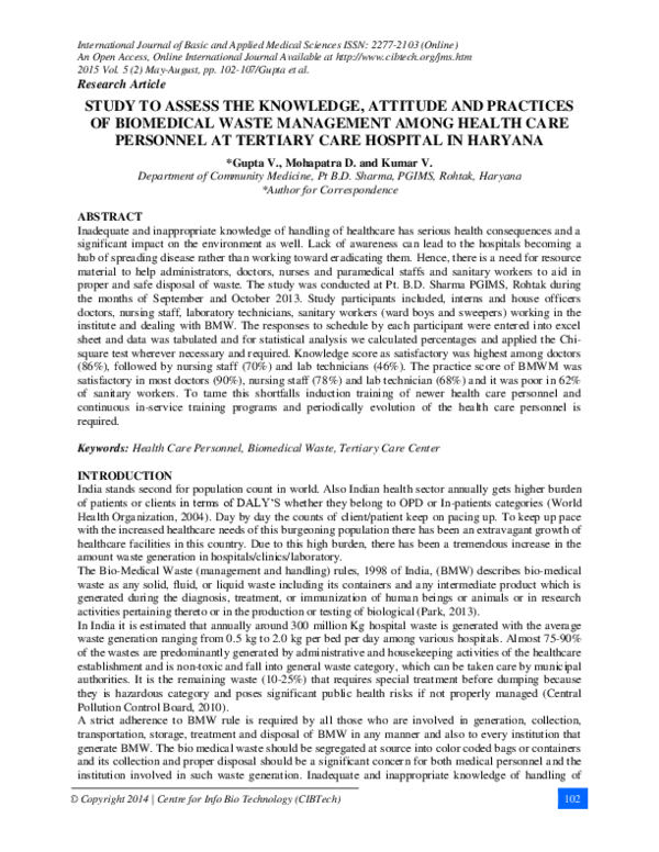 (PDF) STUDY TO ASSESS THE KNOWLEDGE, ATTITUDE AND PRACTICES OF BIOMEDICAL WASTE MANAGEMENT AMONG ...