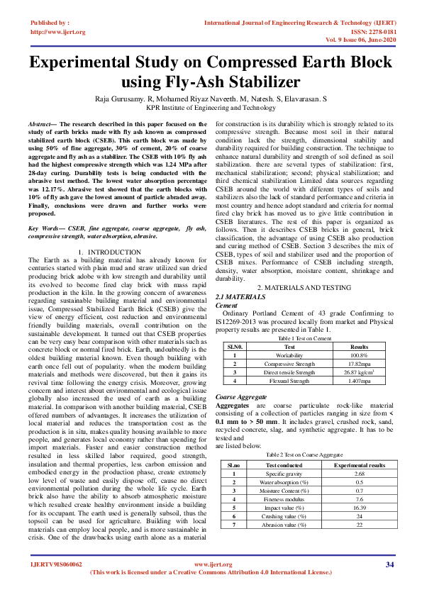 (PDF) IJERT-Experimental Study on Compressed Earth Block using Fly-Ash ...
