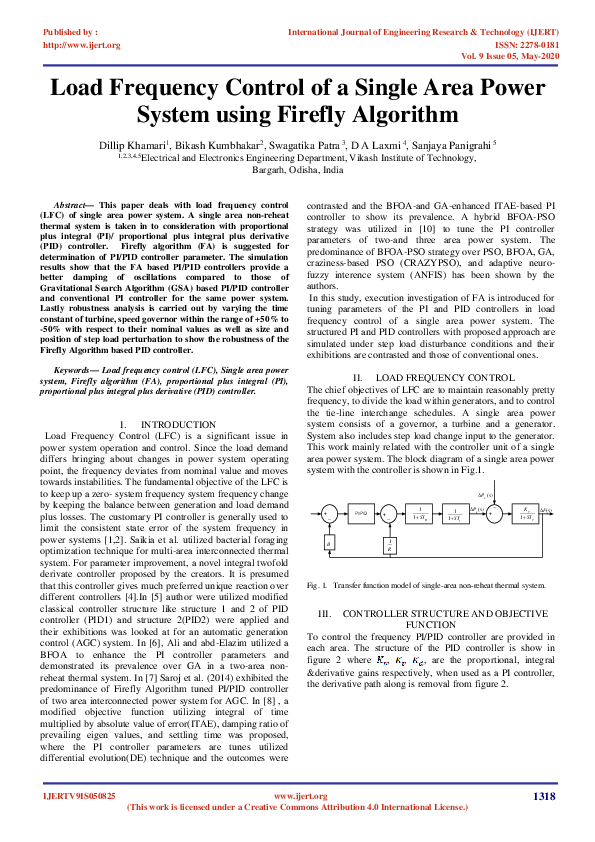 Pdf Ijert Load Frequency Control Of A Single Area Power System Using Firefly Algorithm Ijert