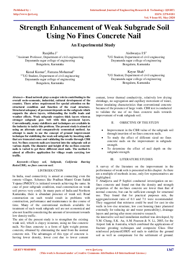 (PDF) IJERT-Strength Enhancement of Weak Subgrade Soil Using No Fines Concrete Nail