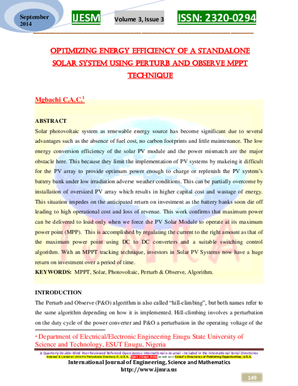 Pdf Optimizing Energy Efficiency Of A Standalone Solar System Using Perturb And Observe Mppt