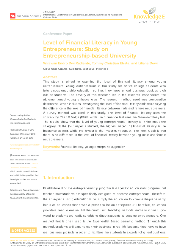 (PDF) Level of Financial Literacy in Young Entrepreneurs: Study on ...