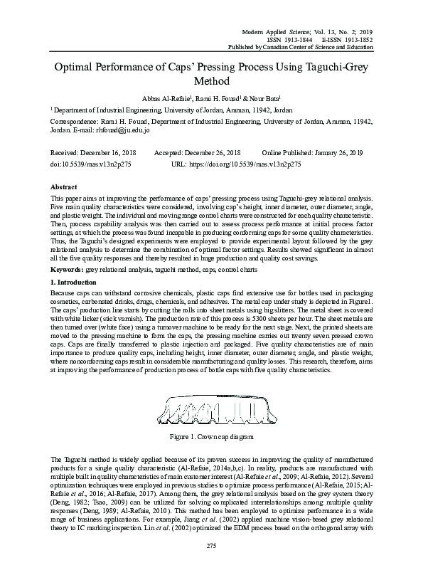 (PDF) Optimal Performance of Caps' Pressing Process Using Taguchi-Grey ...