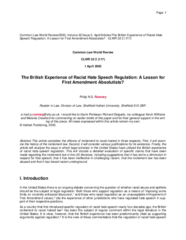 (PDF) ‘The British Experience of Racist Hate Speech Regulation: Lessons ...