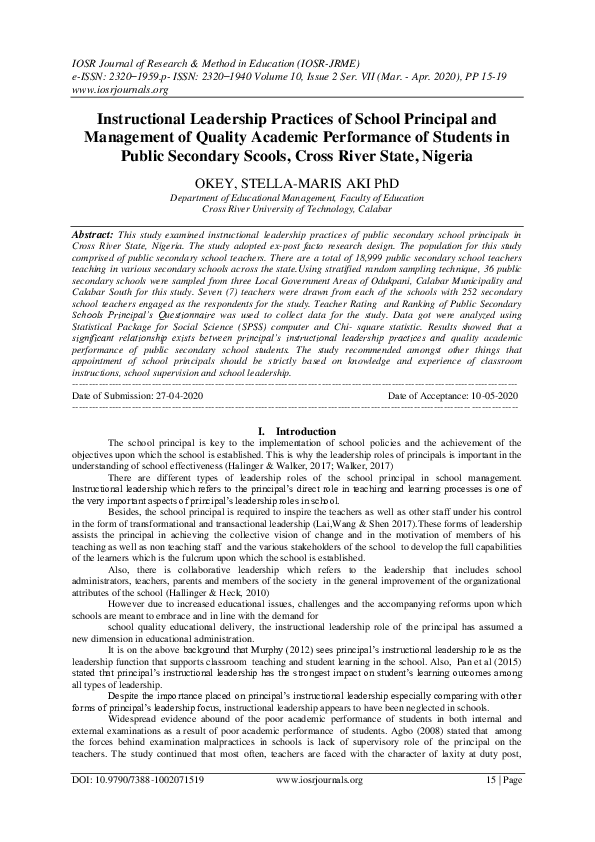 (PDF) Instructional Leadership Practices of School Principal and Management of Quality Academic ...