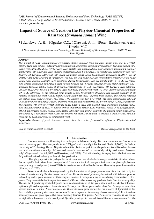 (PDF) Impact of Source of Yeast on the Physico-Chemical Properties of Rain tree (Samanea saman) Wine