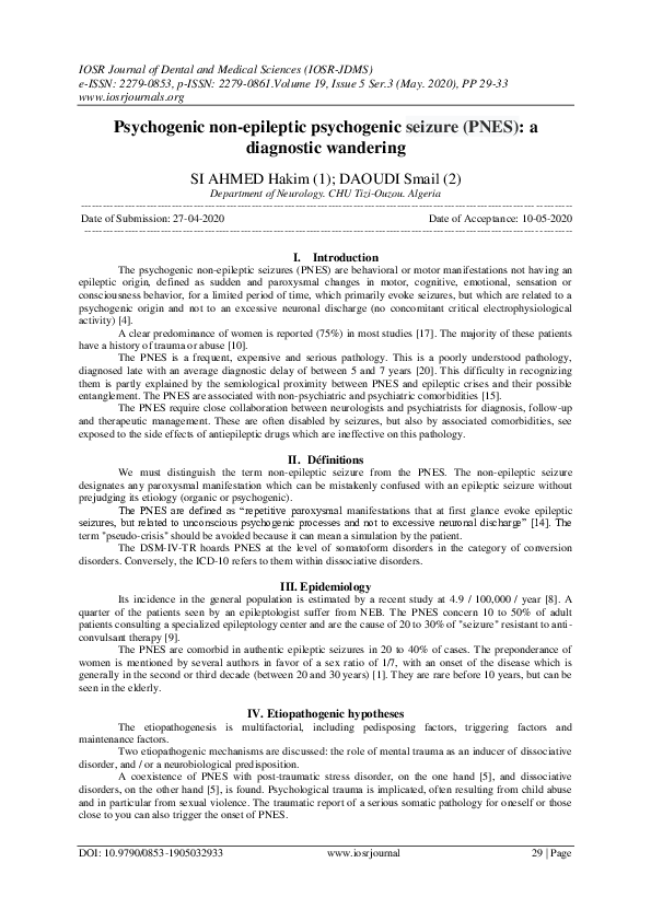 (PDF) Psychogenic non-epileptic psychogenic seizure (PNES): a ...