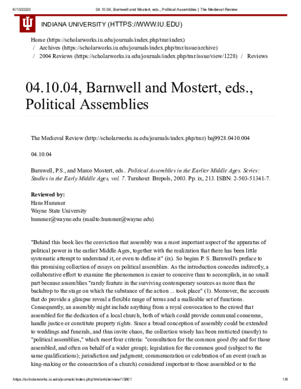 (PDF) Political Assemblies in the Earlier Middle Ages. Ed by P. S ...