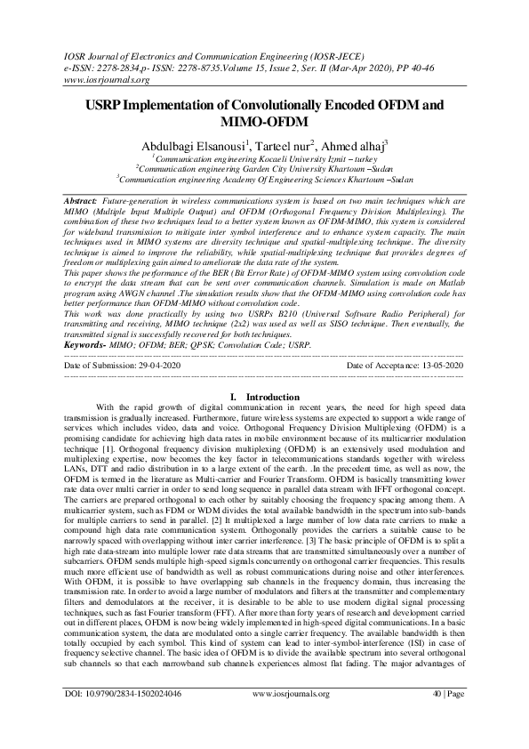 Pdf Usrp Implementation Of Convolutionally Encoded Ofdm And Mimo Ofdm