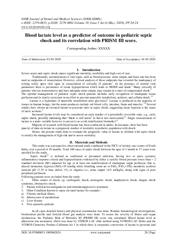 (PDF) Blood lactate level as a predictor of outcome in pediatric septic ...