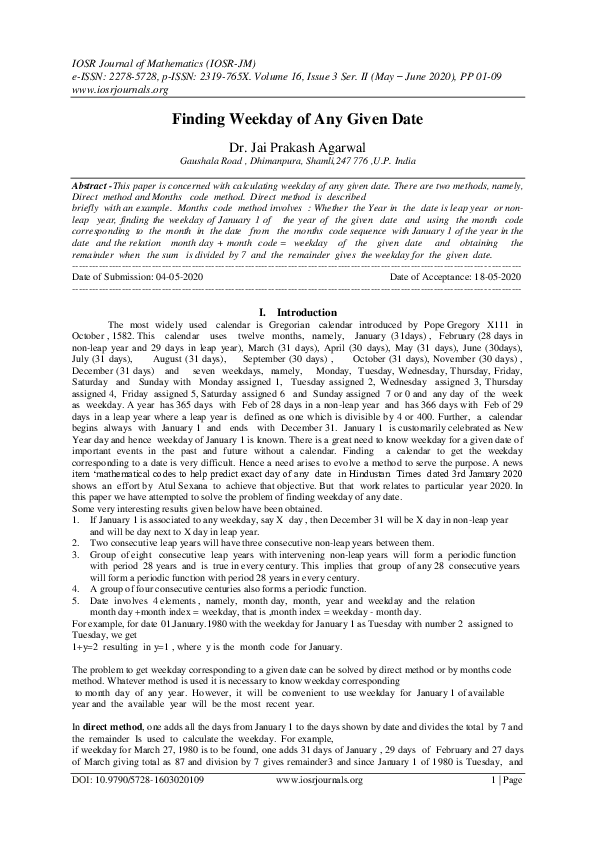 (PDF) Finding Weekday of Any Given Date