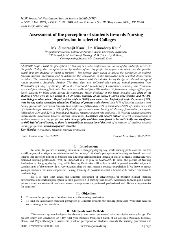 (PDF) Assessment of the perception of students towards Nursing profession in selected Colleges