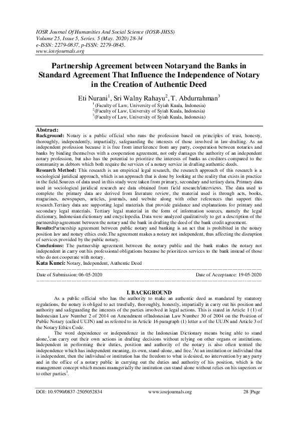 (PDF) Partnership Agreement between Notaryand the Banks in Standard ...