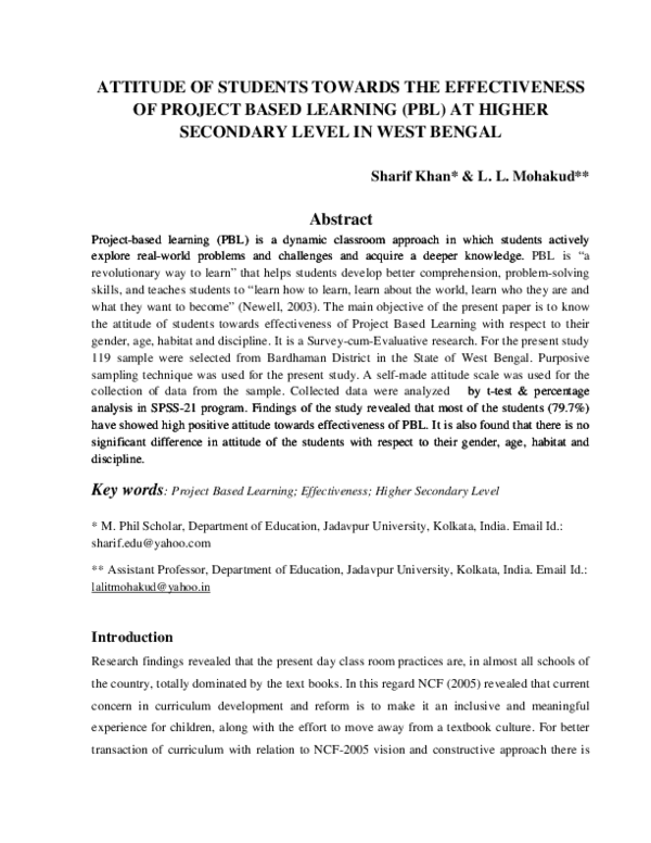 (PDF) ATTITUDE OF STUDENTS TOWARDS THE EFFECTIVENESS OF PROJECT BASED ...