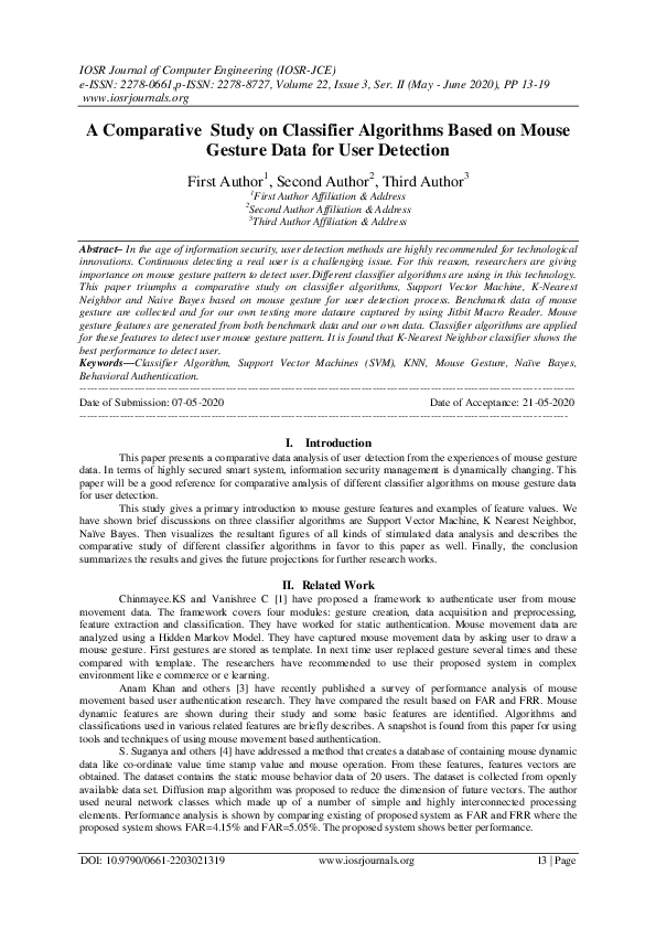 (PDF) A Comparative Study on Classifier Algorithms Based on Mouse Gesture Data for User Detection
