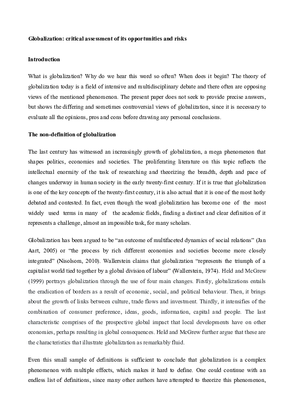 (DOC) Globalization: critical assessment of its opportunities and risks