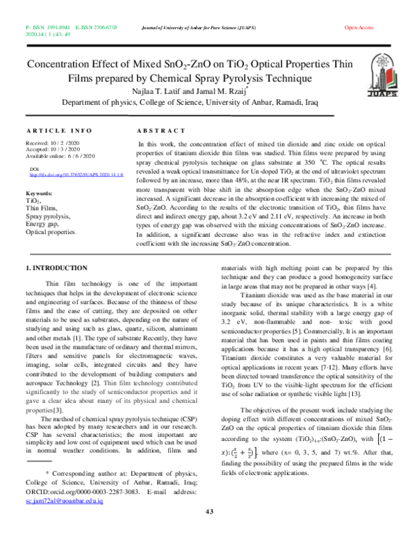 (PDF) Concentration Effect of Mixed SnO2-ZnO on TiO2 Optical Properties Thin Films prepared by ...