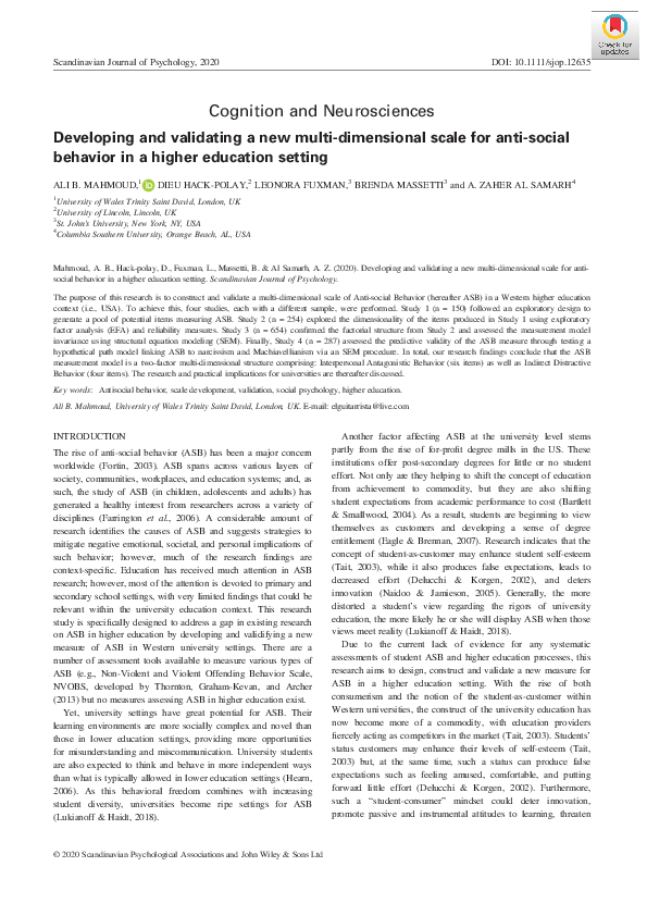 Pdf Developing And Validating A New Multi Dimensional Scale For Anti Social Behavior In A