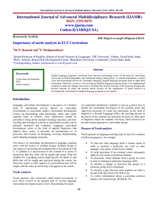 (PDF) International Journal of Advanced Multidisciplinary Research (IJAMR) Importance of needs ...