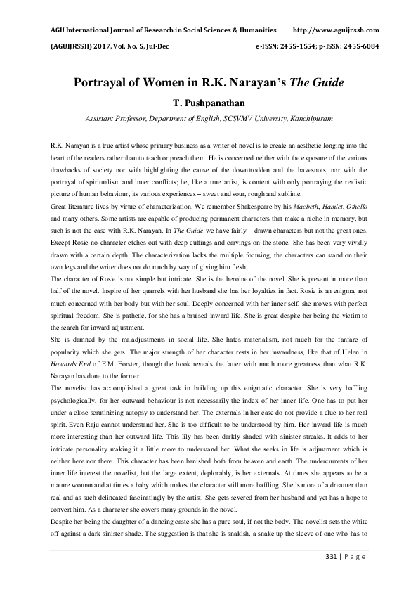 (PDF) Portrayal of Women in R.K. Narayan's The Guide