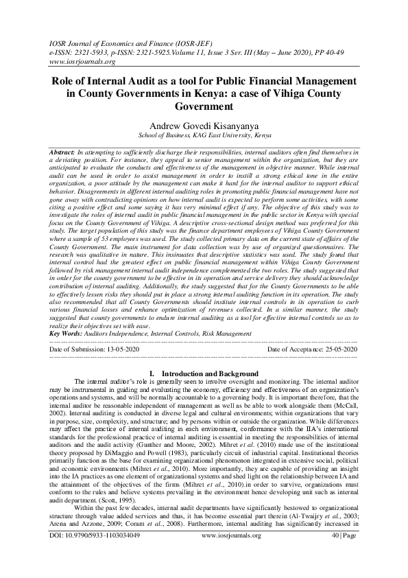 (PDF) Role of Internal Audit as a tool for Public Financial Management in County Governments in ...