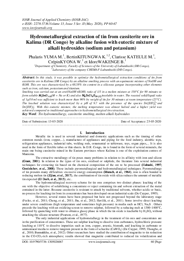 (PDF) Hydrometallurgical extraction of tin from cassiterite ore in ...