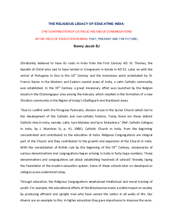 (DOC) THE RELIGIOUS LEGACY OF EDUCATING INDIA: (THE CONTRIBUTION OF ...