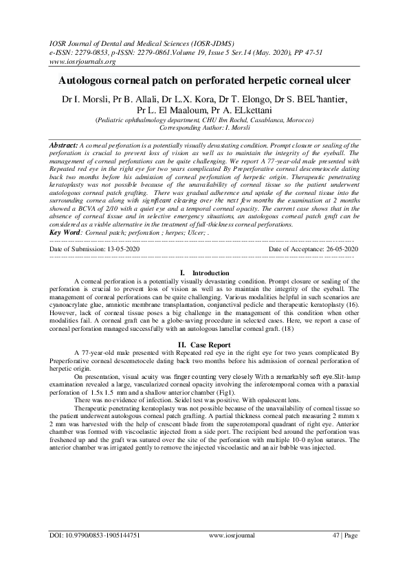 (PDF) Autologous corneal patch on perforated herpetic corneal ulcer