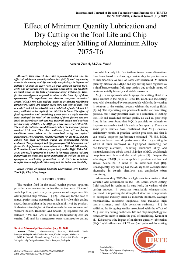 Pdf Effect Of Minimum Quantity Lubrication And Dry Cutting On The Tool Life And Chip