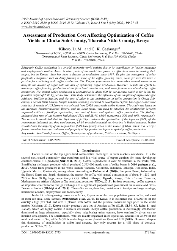 (PDF) Assessment of Production Cost Affecting Optimization of Coffee ...