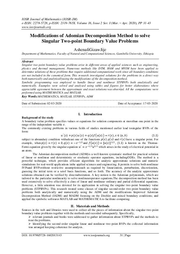 (PDF) Modifications of Adomian Decomposition Method to solve Singular Two-point Boundary Value ...