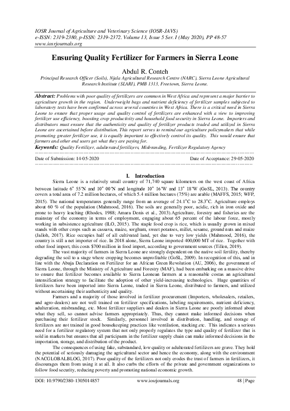 (PDF) Ensuring Quality Fertilizer for Farmers in Sierra Leone